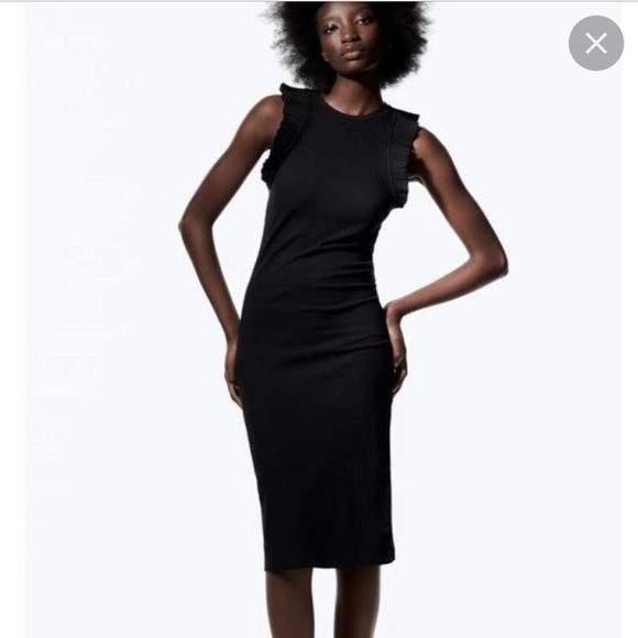 Zara | Dresses | Zara Stretch Black Ruffled Sleeveless Midi Dress ...